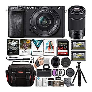 Sony a6400 Mirrorless Digital Camera Bundle : 16-50mm Lens, 55-210mm Lens, 64 GB SDXC Card, Filter Kit, Batteries, USB Charger, Corel Photo Suite, Messenger Bag, and Flex Tripod Bundle (9 Items)