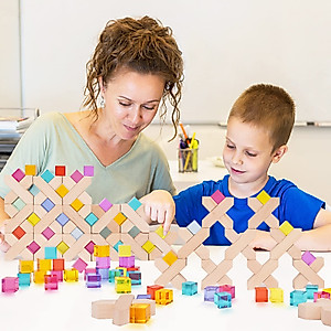 Agirlgle Wooden Rainbow Building Blocks Cube Gem Stacking Blocks Toy - Colorful Montessori Rainbow Stacker Toy Elegant Wood Rainbow Cube Blocks- Acrylic Blocks Educational Toys for Toddlers- 80Pcs