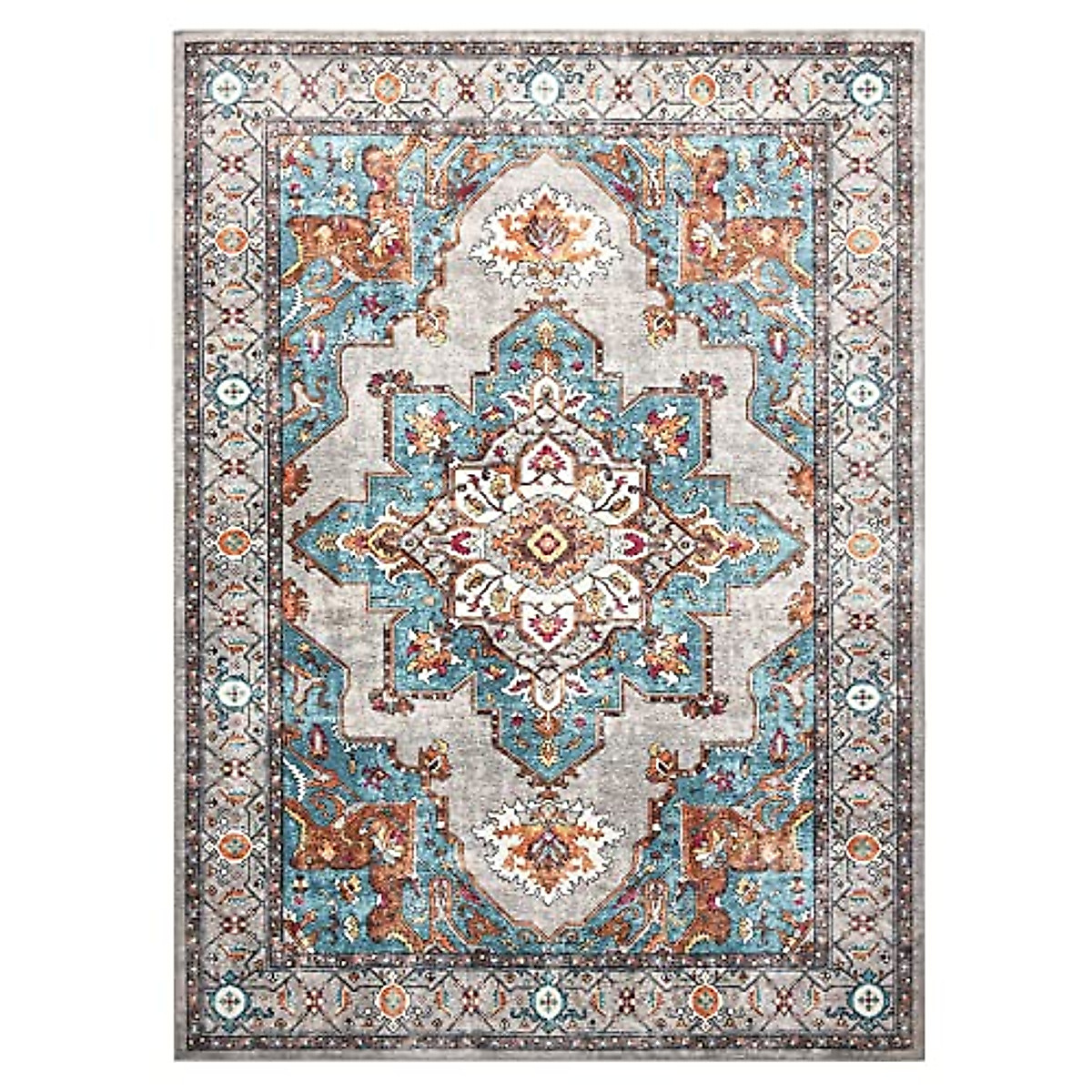 3x5 Area Rug for Living Room Bedroom: Large Washable Rug with Non-Slip Backing Non-Shedding Stain Resistant, Farmhouse Rug, Carpet for Dining Room Nursery Home Office Indoor Grey/Teal