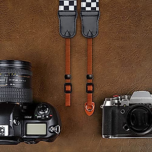 Black and White Plaid Camera Strap - 2"Wide with Double Layer Cowhide Head,Personalized Cotton Camera Shoulder Straps,Grid Pattern Adjustable Camera Neck Strap for all Cameras,Gift for Photographers