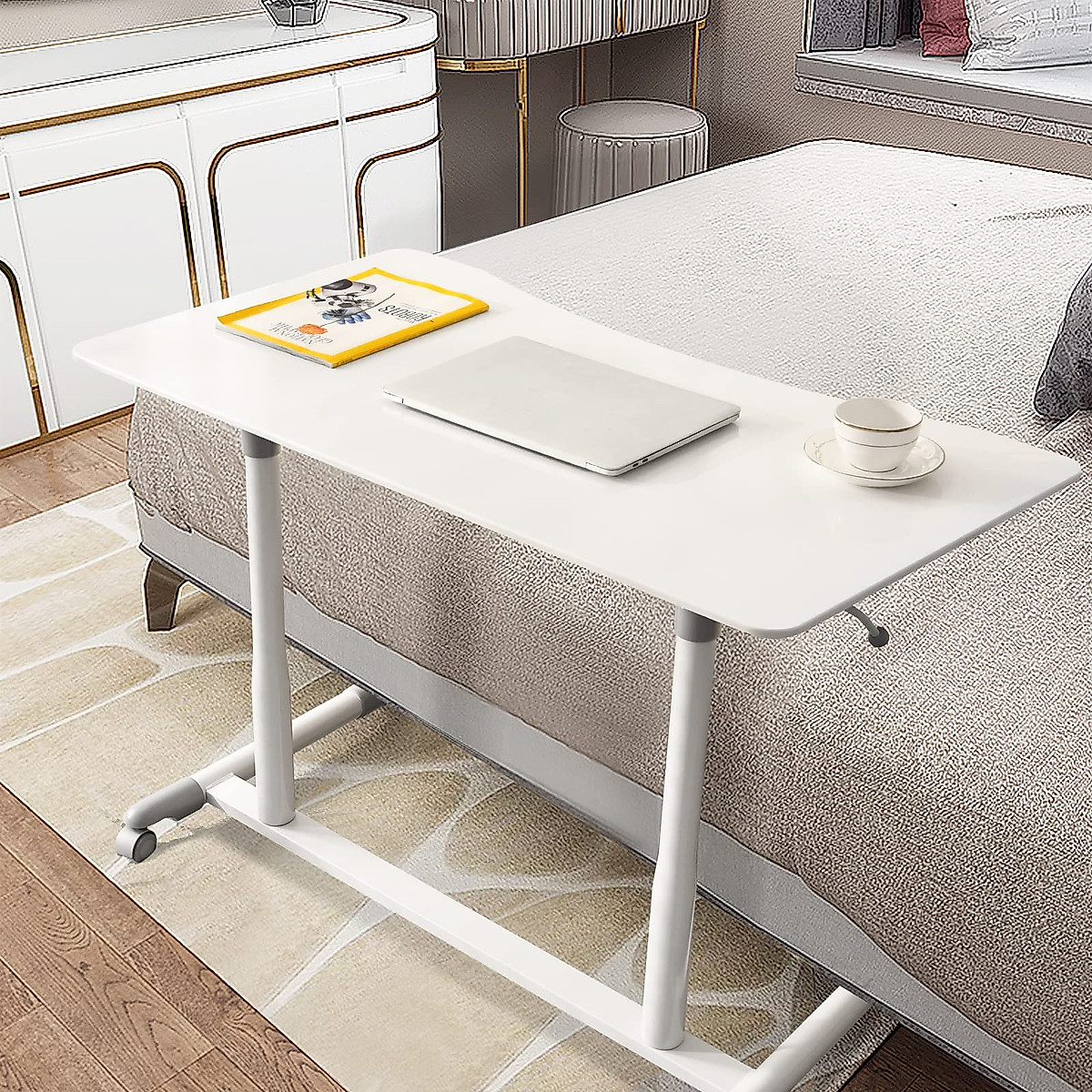 COSTWAY Mobile Height Adjustable Standing Desk, Compact Pneumatic Sit to Stand Computer Desk w/Lockable Casters, Ergonomic Rolling Laptop Table w/Steel Frame for Home Office (White)