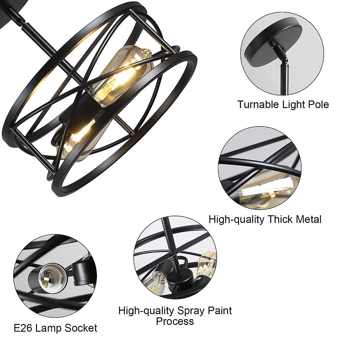 Karjearl Farmhouse Semi Flush Mount Ceiling Light, D11.8 Inches Black Industrial Sloped Ceiling Light Fixtures Vintage Metal Cage Ceiling Lamp for Kitchen Hallway Entryway Laundry Room Bedroom