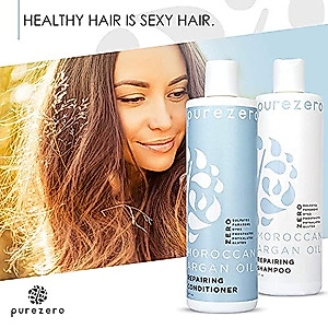 Purezero Moroccan Argan Oil Shampoo & Conditioner set - Repair Damaged Hair - Restore Strength, Shine & Softness - Zero Sulfates, Parabens, Dyes, Gluten - 100% Vegan & Cruelty Free - Great For Color Treated Hair