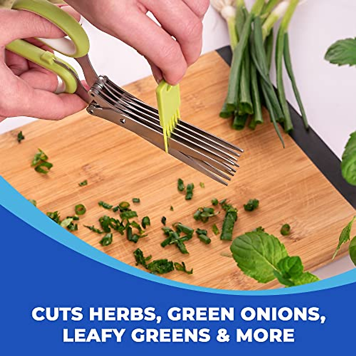 Jenaluca Herb Scissors with 5 Blades and Safety Cover - Cut, Chop & Mince Fresh Herbs & Leafy Greens - Stainless Steel Kitchen Shears with Cleaning Comb - Cool Kitchen Gadgets (Green)