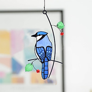 Lolitarcrafts Blue Jay Modern Stained Glass Window Hangings Blue Birds Suncathers for Window