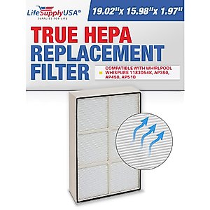 True HEPA Air Cleaner Filter Replacement 1183054K Compatible with Whirlpool Whispure AP350, AP450, AP510 Air Cleaners, 19"x16"x2" Inches by LifeSupplyUSA