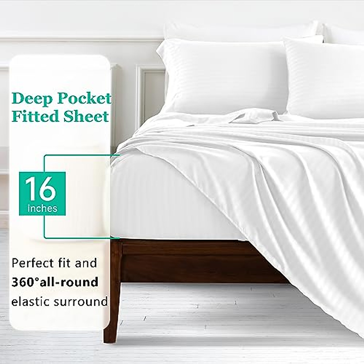 JOOKI Striped Bed Sheets Set Full, 100% Microfiber Full Size Sheets Set Luxury Hotel Soft Cooling Sheets, 16" Deep Pocket Sheets, Breathable Wrinkle Free 4 Piece Bedding, White