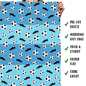 CENTRAL 23 - Fun Wrapping Paper for Boys - 6 Sheets of Birthday Gift Wrap - Football Wrapping Paper - Football Boots - Soccer - For Girls - Blue White - Recyclable