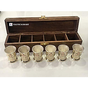 Nautical-Mart Brass Tequila Shot Glass with Anchor Monogram in Handmade Wooden Box – Six Glass Set