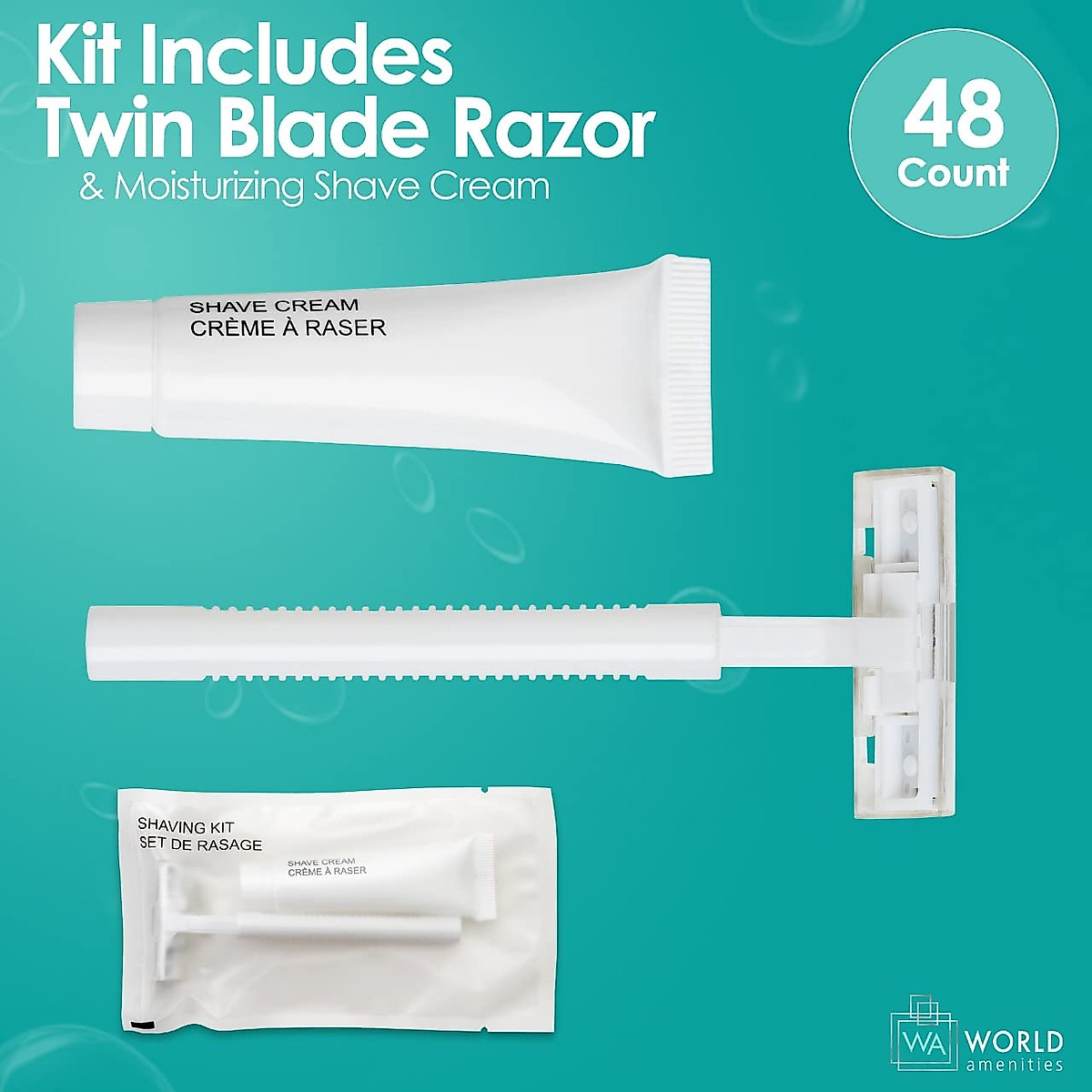 World Amenities Shave Kit (Clear Frosted Sachet) - Hotel Amenities 48 count - Includes Twin Blade Razor and Moisturizing Shave Cream