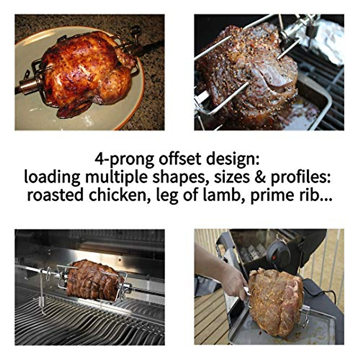 BBQSTAR Universal BBQ Grill Rotisserie Spit Meat Forks Replacement 4-Prong-Fits 5/16" Square 3/8" Hexagon 7/16" Round Spit Rods with Bushing and Counter-weight