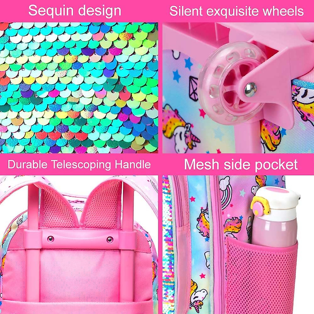AGSDON 3PCS Rolling Backpack for Girls, Kids Roller Wheels Bookbag, Wheeled School Bag with Lunch Bag - Unicorn