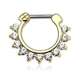 Forbidden Body Jewelry 16g 8mm Surgical Steel Septum and Cartilage/Daith CZ Lined Hoop Clicker Ring (Gold Tone)
