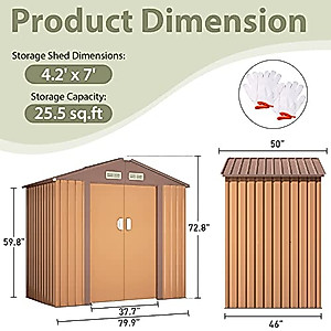 JAXPETY 4.2' x 7' Storage Outdoor Shed, Metal Shed Outdoor Storage with Lockable/Sliding Doors, Steel Utility Tool Shed with Floor Frame for Garden Patio Backyard Lawn, Coffee