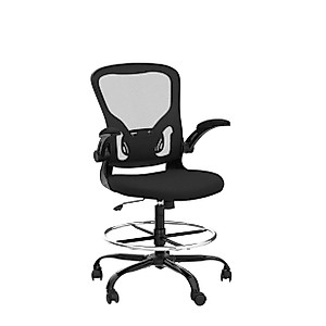 Drafting Chair Tall Office Chair, Standing Desk Chair 3.9'' Cushion, Ergonomic Mesh Computer Chair with Adjustable Foot Ring & Flip-Up Arm, Executive Rolling Swivel Stool for Office & Home. (Black)