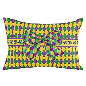 Outdoor Waterproof Throw Pillow Covers Set of 2 Cushion Cases Mardi Gras Purple Yellow Green Plaid Bow Pillow Covers,Decorative Pillowcases for Patio,Garden,Couch 20x12 Inch