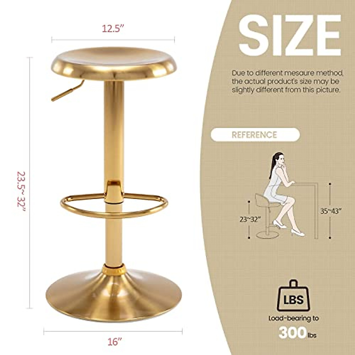 Brage Living Adjustable Bar Stool, Swivel Round Metal Airlift Barstool, Backless Counter Height Bar Chair for Kitchen Dining Room Pub Cafe (Gold)