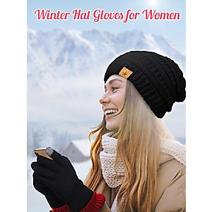 Suhine 4 Pcs Winter Hat and Gloves for Women Slouchy Beanie Hats Knitted Touchscreen Gloves Warm Winter Sets for Women Girls (Black, Caramel)