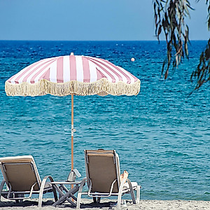 HM&DX Pink Patio Umbrella with White Tassels,7 Ft Outdoor Table Umbrella Button Tilt,Round Outdoor Umbrella 8 Sturdy Ribs,Sun Shade Rainproof Garden Umbrella