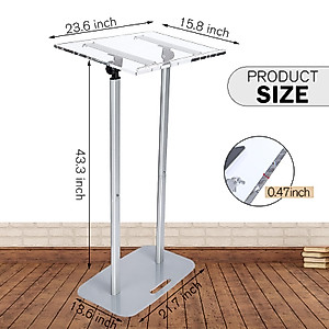 Kigley Acrylic Podium Stand Clear Podium Lectern 43.3'' Tall Floor Standing Speaking Podium with Adjustable Angle 30°-90° Slanted Top Silver Aluminum Body Base for Church Office School Speech Concert