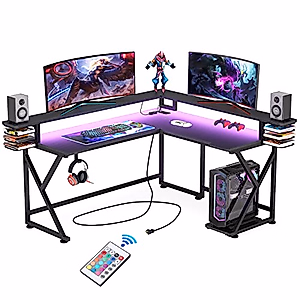 Tribesigns L Shaped Gaming Desk with Led Lights & Power Outlet, Corner Computer Desk with Monitor Stand, PC Stand Shelf, Ergonomic Gaming Table Gamer Desk with USB Port & Hook for Home Office (Black)