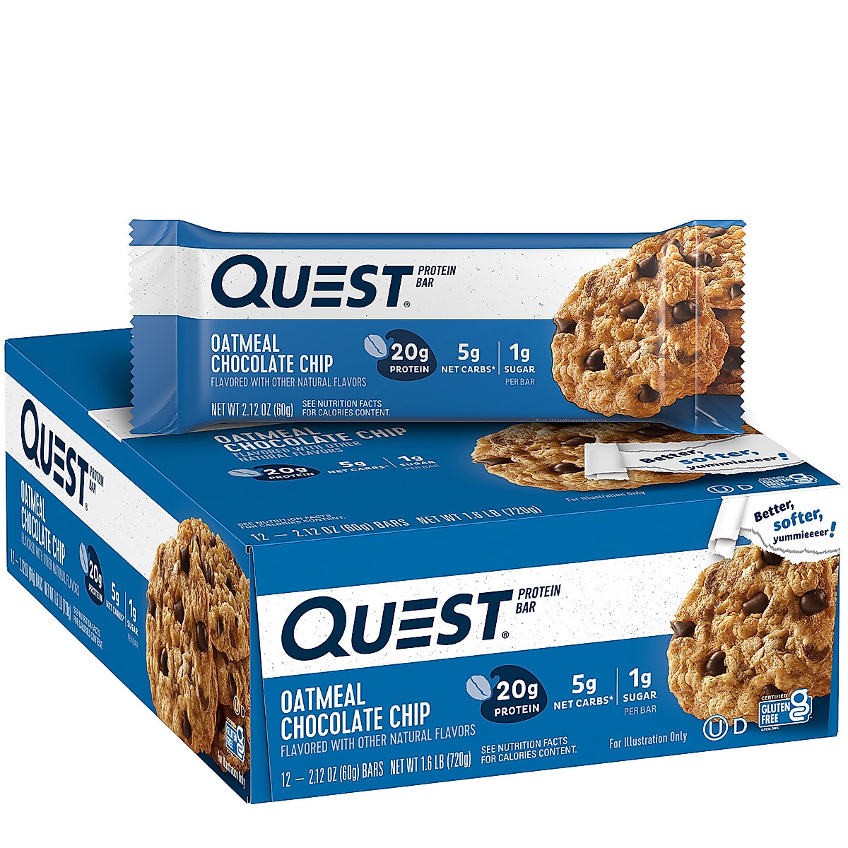 Quest Nutrition Oatmeal Chocolate Chip Protein Bars, 20g Protein, 1g Sugar, 5g Net Carb, Gluten Free, Keto Friendly, 12 Count