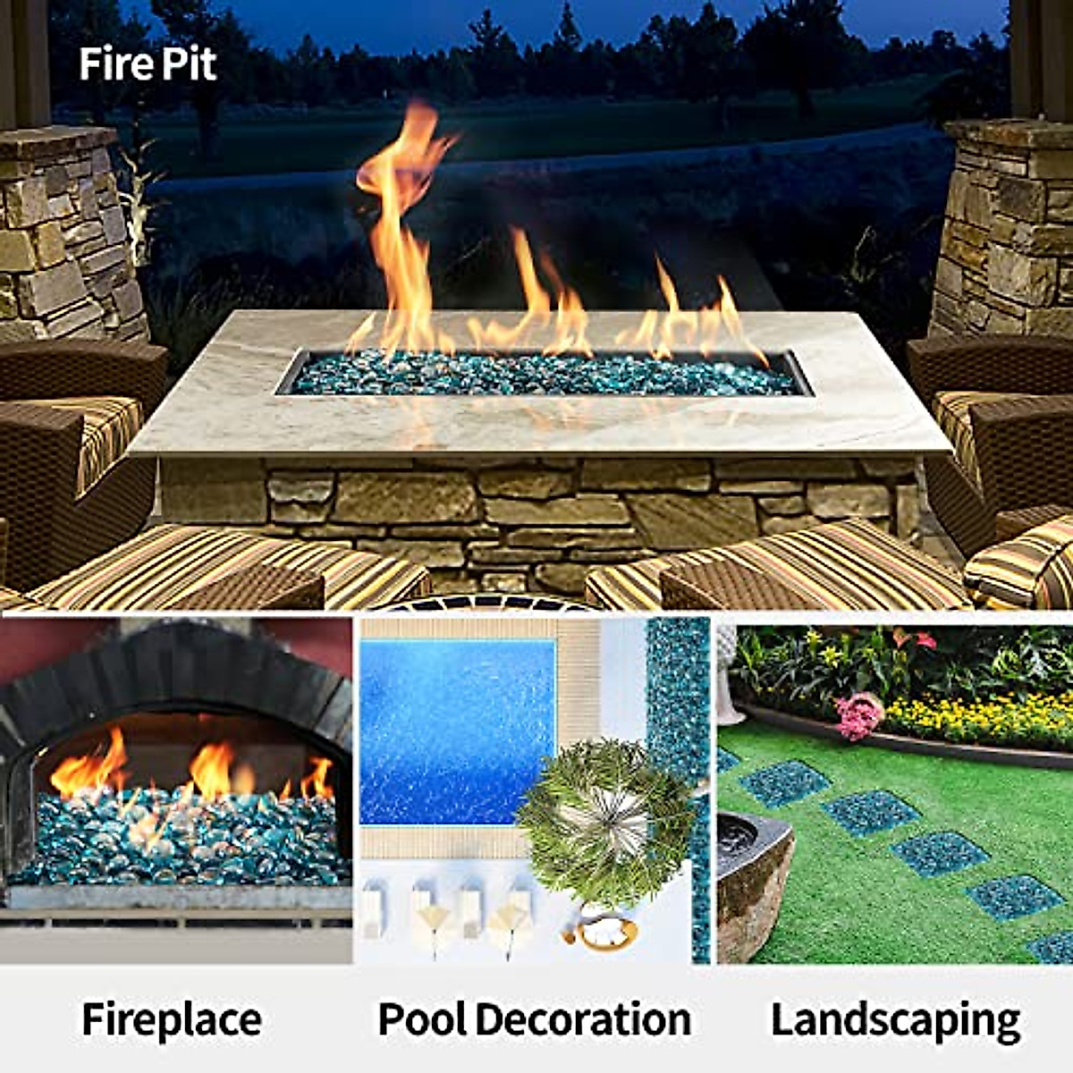 APROMISE Fire Glass for Fire Pit - 3/4 inch Fire Pit Glass Beads | Shiny Fire Glass for Propane/Gas Fire Pit and Fireplace | Flat Glass Marbles for Vase & Aquarium & Garden | 10lbs | Caribbean Blue