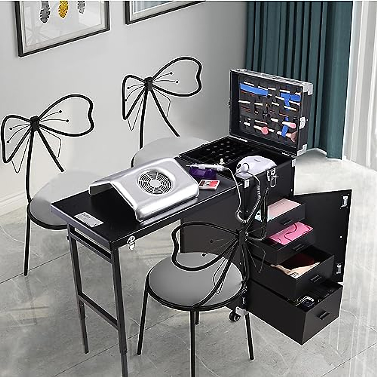 Bei Cheng Rolling Manicure Desk Makeup Train Case Travel Cosmetic Trolley Storage Organizer Nail Tables for Technician Workstation Makeup Salon with 4 Drawers Mirror & Speaker Black