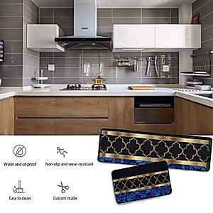 Becmd 2 Pieces Kitchen Rugs and Mat,Elegant Blue Black & Gold Quatrefoil Pattern Non-Slip Kitchen Floor Mat Soft Bath Rug Doormat Carpet Set Blue,gold onesize