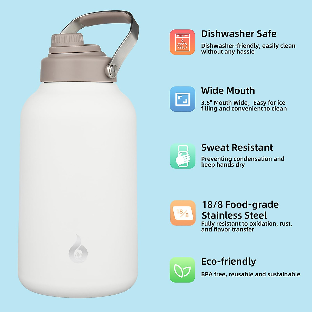 BJPKPK 1 Gallon Water Bottle Insulated, Dishwasher Safe 128oz Large Water Jug with Metal Handle & BPA Free Spout Lid, Stainless Steel Metal Thermos for Gym, Sports & Hiking, Milky White