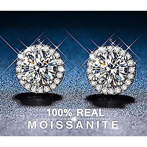 Moissanite Earrings for Women,1-4ct Halo Round 925 Sterling Silver Moissanite Hypoallergenic Stud Earrings,Gift for Mother Mom Wife Girlfriend, with Certificate (White Gold, 1ct)