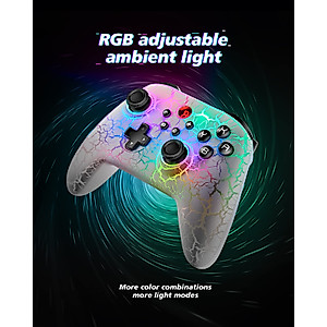 BINBOKPLAY Switch Controller, Wireless Switch Pro Controller for Switch/Switch Lite/Switch OLED, RGB Adjustable LED Wireless Remote Gamepad with Unique Crack/Motion control/Turbo/ALPS Joystick (White)