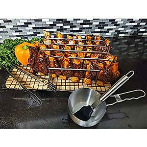 Large Rib Rack for Smoking - BBQ Rib Rack Gas Charcoal Smoker - Grilling Accessories - 304 Stainless Steel Roasting Stand With Tongs, Basting Brush Sauce Pan - Non Stick Grill Rack - Barbecue Rib Rack Holds 5 slab