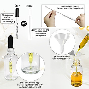 Asherxin 1oz Clear Glass Dropper Bottle with Dropper 16 pcs 30ml Dropper Bottle for Essential Body Oils with 2 Funnels & 2 Extra Glass Measured Pipette 1 Cleaning Brush & 16 Labels for Cosmetic/Travel
