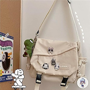 Inshere Aesthetic Crossbody Bag with Cute Pins and Ornament, Casual Shoulder Messenger Bag Japanese Kawaii Bag for Women Men (White)