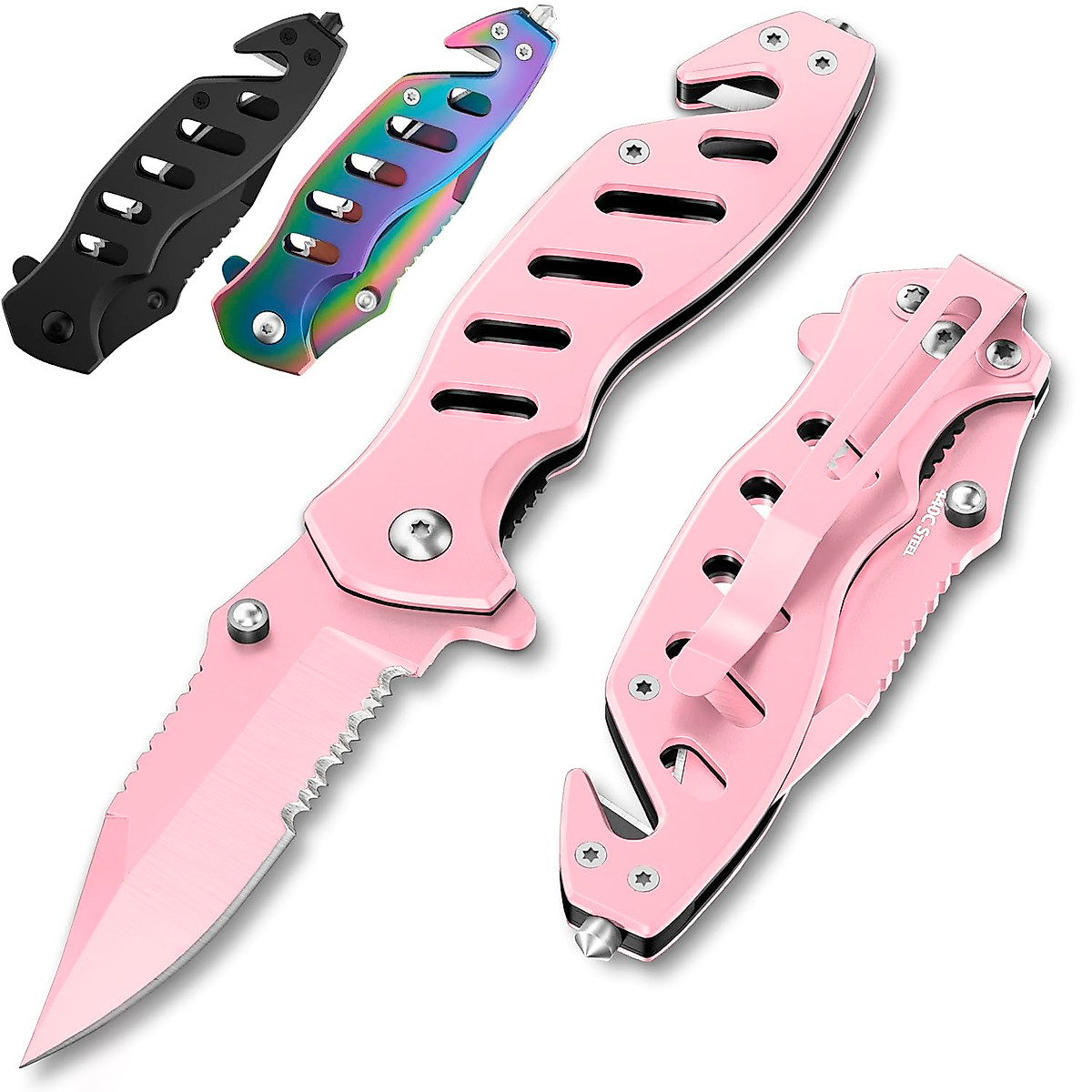 Pink Pocket Knife for Women - Legal Small Knife - 2.68 Inch Serrated Blade - Womens Knife for Self Defense - Cute Girl Survival Tool Pocket & Folding Knives - Mothers Day Gift Idea - 6655 P