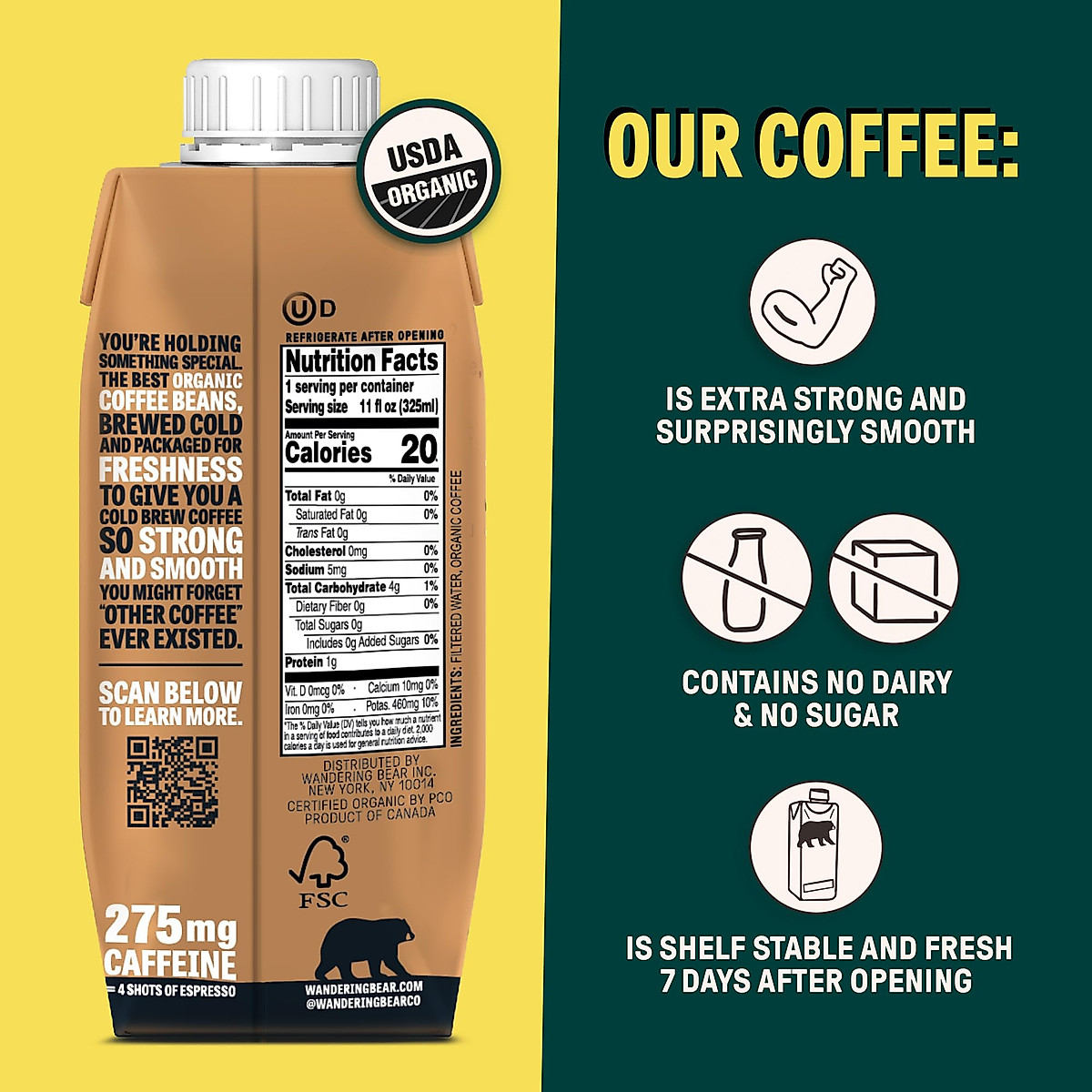 Wandering Bear Straight Black Organic Cold Brew Coffee On-the-Go, Iced Coffee, 11 fl oz, 12 pack - Extra Strong, Smooth, Unsweetened, Shelf-Stable, Ready to Drink