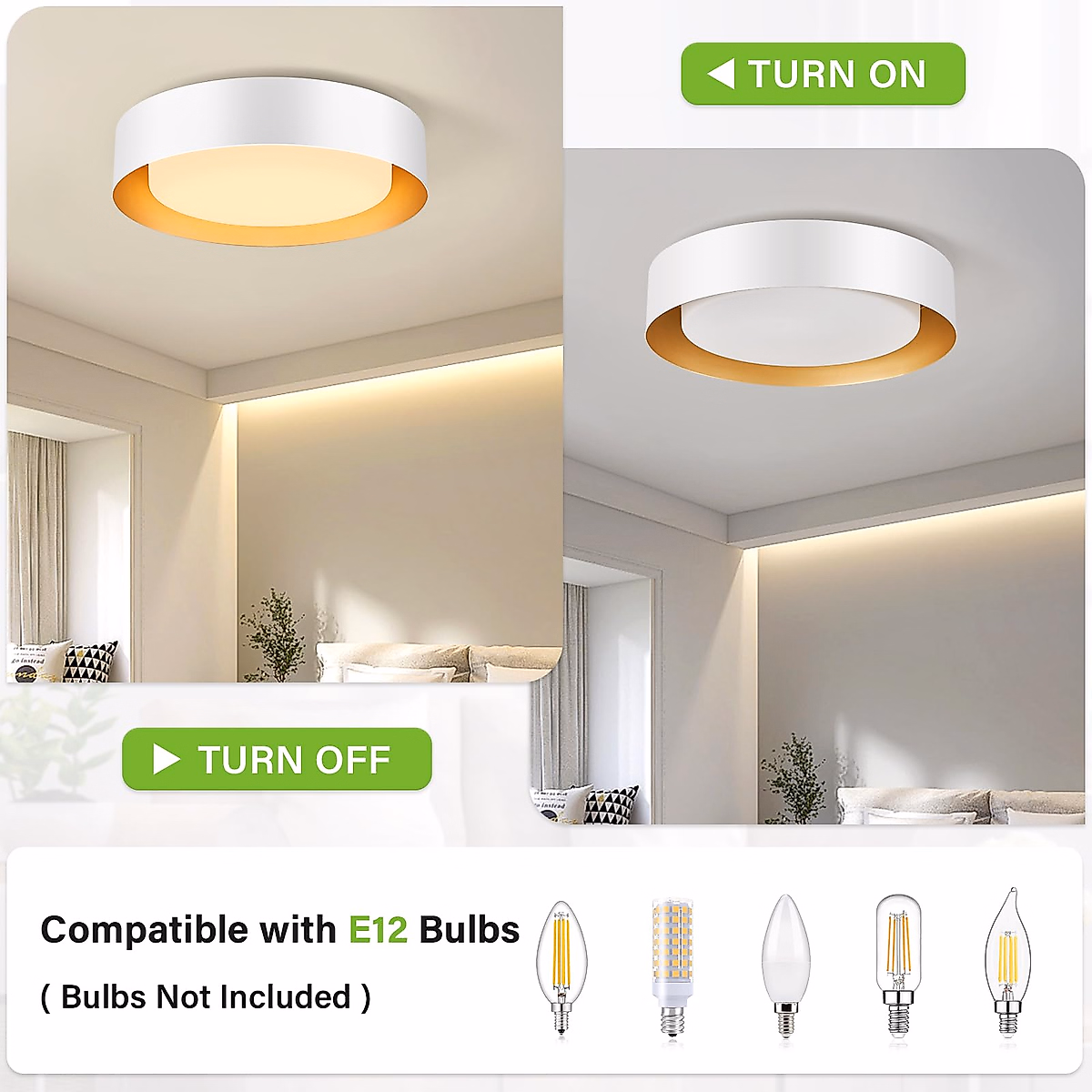 Yiisem Modern White and Gold Flush Mount Ceiling Lights, 16.5" Minimalist Glass Round Ceiling Lighting, Drum Close to Ceiling Light Fixtures for Living Room, Bedroom, Dining Room, Kitchen, Hallways