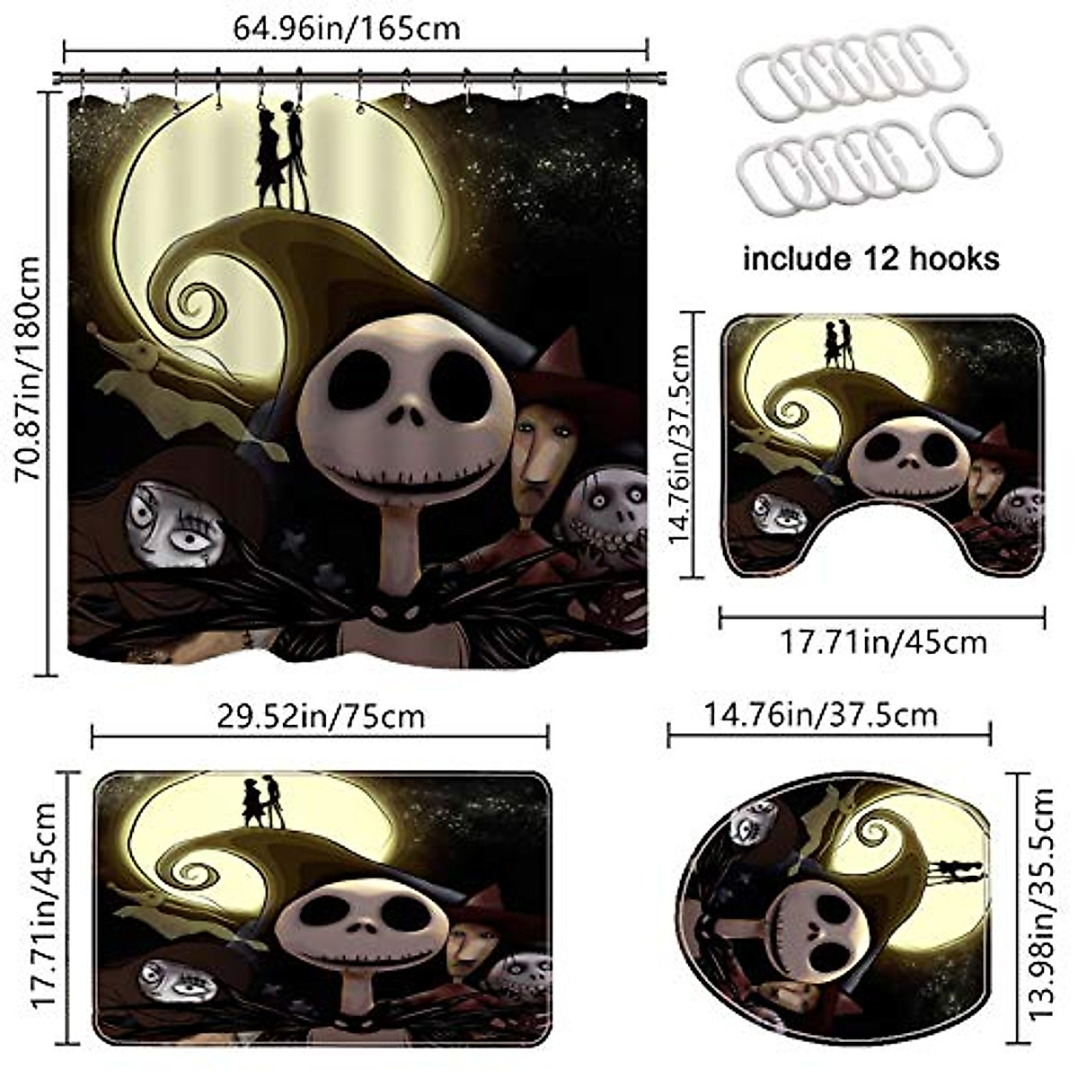 TAWOAO 4 Pcs Jack Skellington Shower Curtain Set with Non-Slip Rugs,Toilet Lid Cover and Bath Mat,Nightmare Before Christmas Shower Curtain with 12 Hooks