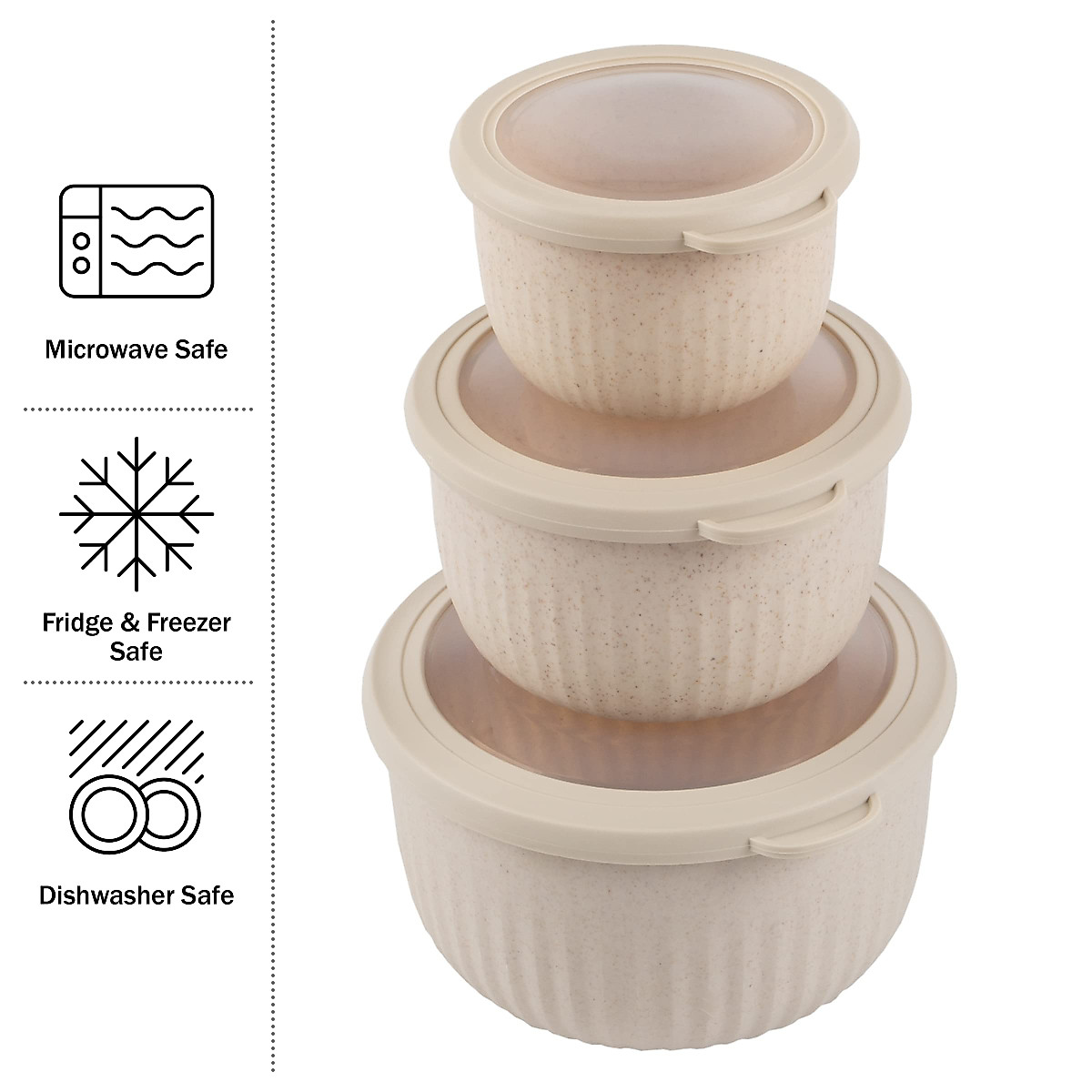 Classic Cuisine Set of 3 Bowls with Lids - Microwave, Freezer, and Fridge Safe Nesting Mixing Bowls - Eco-Conscious Kitchen Essentials (Beige), S, M, L