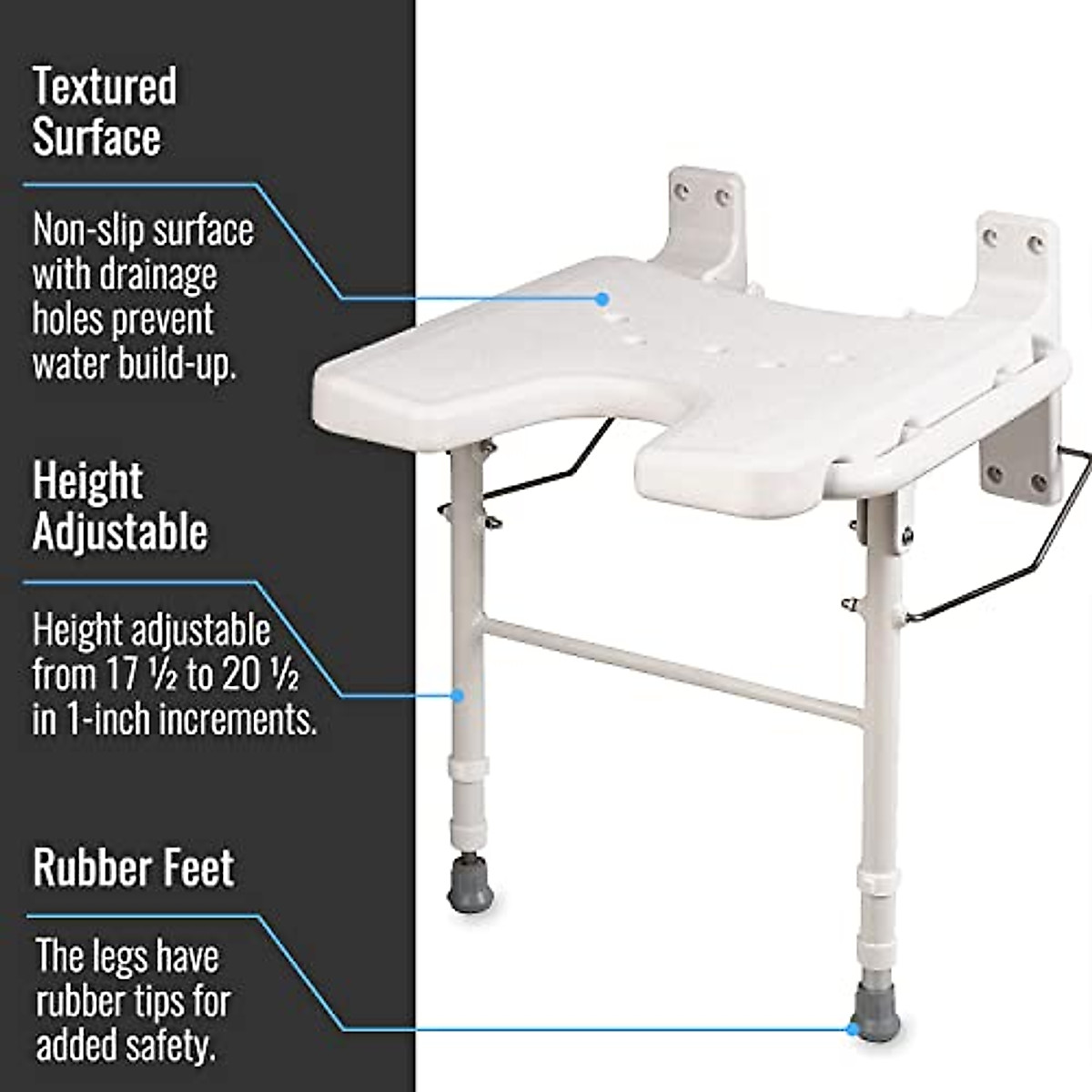HealthSmart Wall Mount Fold Away Bath Chair Shower Seat Bench with Adjustable Legs, FSA and HSA Eligible, Seat 16 x 16 Inches, White