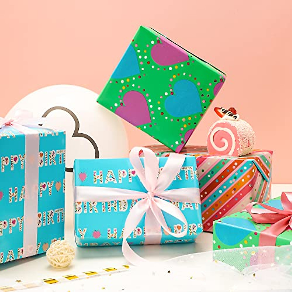 LeZakaa Birthday Wrapping Paper Roll - Mini Roll - Happy Birthday Lettering/Heart/Stripe Design for Boy, Kids Gift Wrapping - 17 x 120 inches, 3 Rolls (42.5 sq.ft.ttl.)