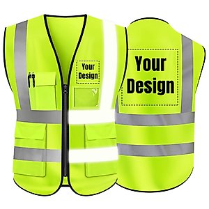 YOWESHOP High Visibility Safety Vest Custom Your Logo Protective Workwear 5 Pockets With Reflective Strips Outdoor Work Vest (Neon Yellow XL)