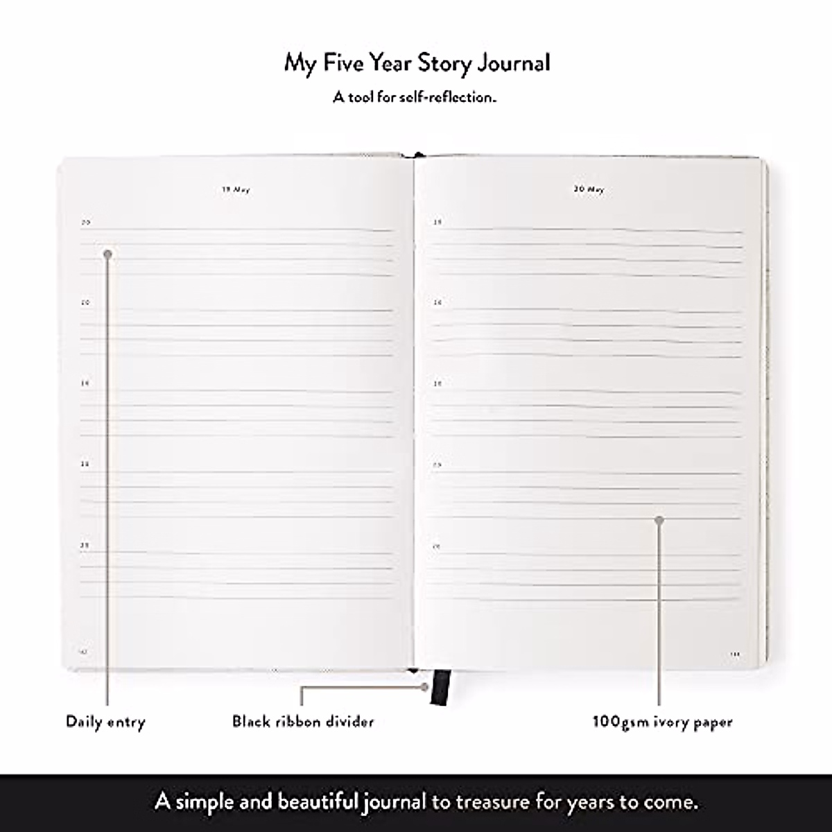 Mål Paper Five Year Journal - Cotton Hardback | Daily Dated Notebook for Mindfulness, Recovery & Positive Thinking Tool | Life Planner Log Book | Hand Finished, Unique Gifts for Men & Women