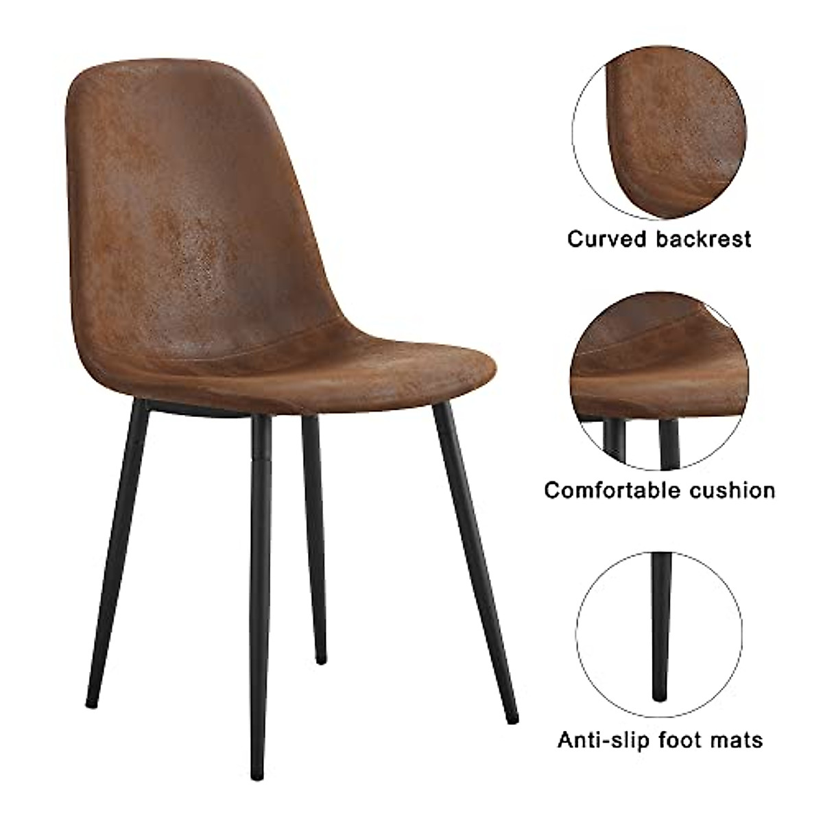 Dining Chairs Set of 4,Modern Mid Century Living Room Side Chairs with Metal Legs, Washable PU Leather, Armless Side Chairs for Kitchen Lounge Farmhouse, Rustic Brown, 4PCS