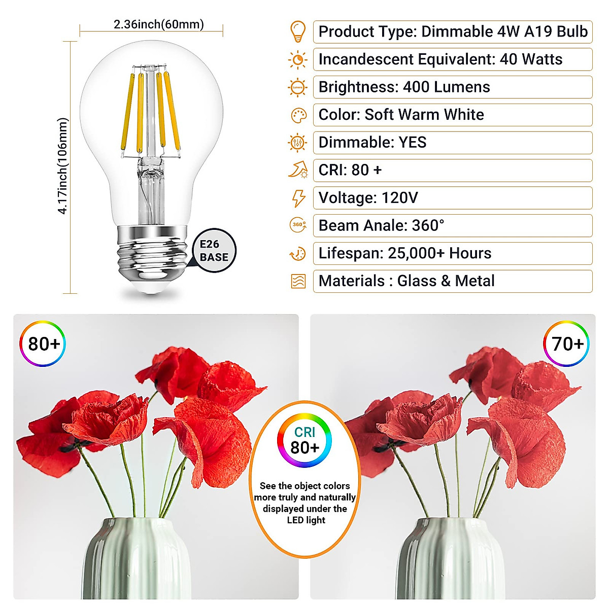 A19 E26 Base Dimmable Edison LED Bulb, 4W(40 Watt Equivalent) Stepless Dimming Light Bulbs 400lm, 3000K Soft Warm White, Vintage Clear Glass LED Filament Bulb for Home, Wall Sconce, Chandelier, 6 Pack