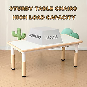 JIAOQIU Kids Art Table and Chair Set with 4 Seats Height Adjustable Children Study Desk Easy to Clean Assemble Max Load 330lb Plastic Toddler Table and Chair Set for School Home Burlywood