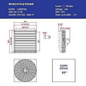Iliving - 36" Wall Mounted Shutter Exhaust Fan - Automatic Shutter - Single Speed - Vent Fan For Home Attic, Shed, or Garage Ventilation, 6128 CFM, 9000 SQF Coverage Area, Silver (ILG8SF36S)