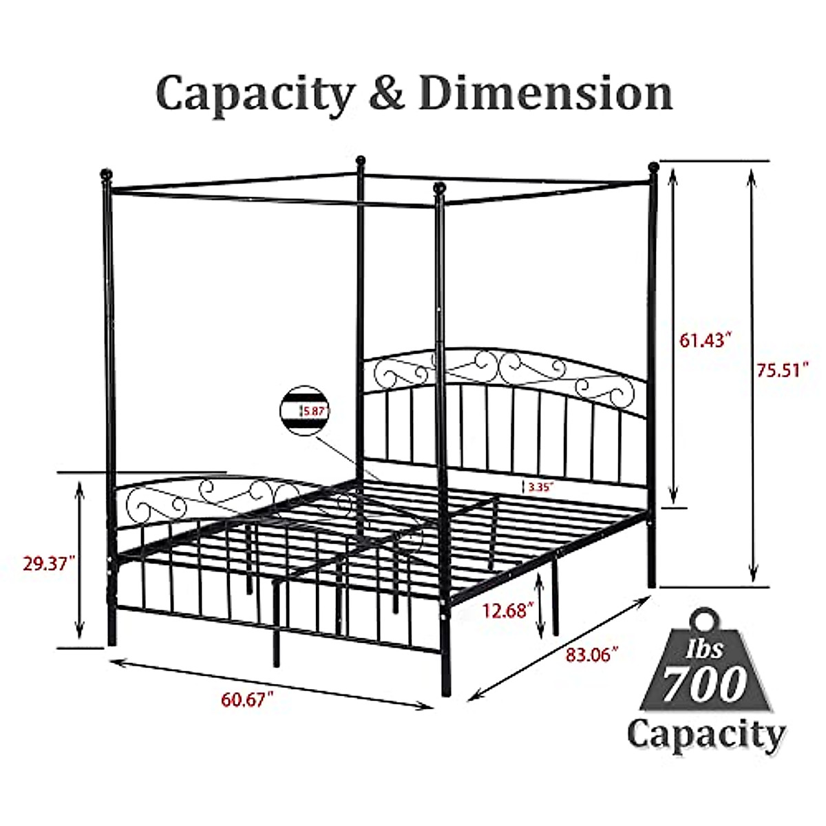 ZIRUWU Queen Size Sturdy Metal Canopy Bed Frame with Headboard Footboard Steel Slats Support Easy Assembly No Box Spring Needed,Black