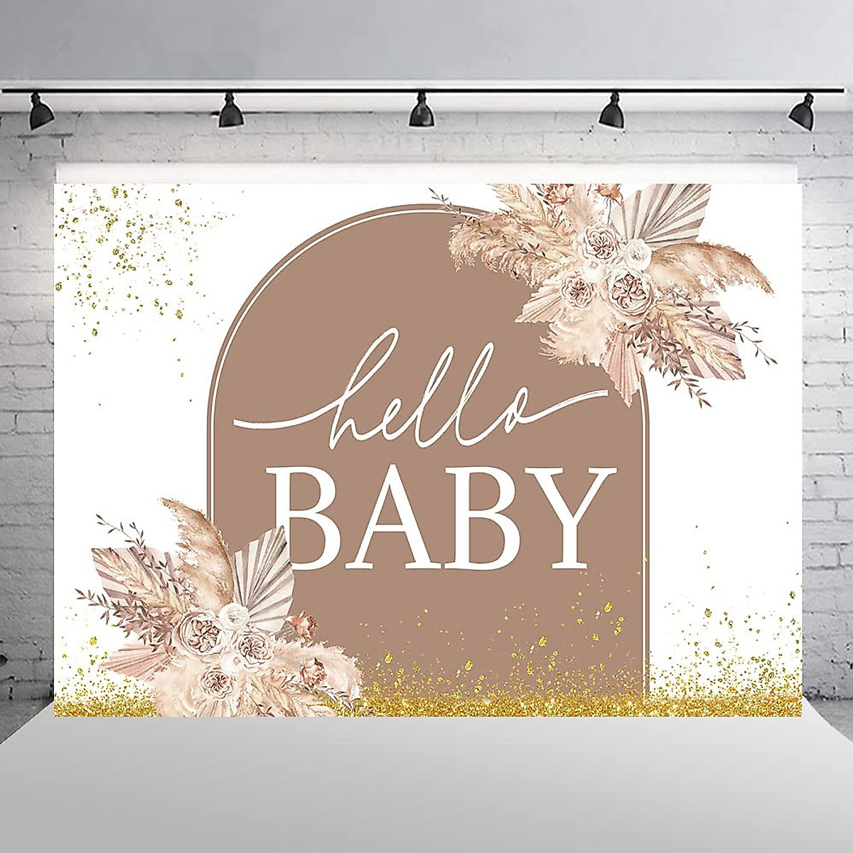 Hilioens 7×5ft Boho Baby Shower Backdrop Hello Baby Boho Pampas Floral Girl Baby Shower Background Oh Baby Gold Dots Newborn Pregnant Announcemen Surprise Party Banner Decorations Supplies